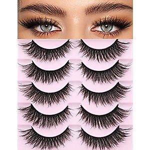 False Lashes Wispy Fox Eyelashes Natural Look Strip Cat Eye Lashes 16mm Fake lashes Fluffy Angel Lashes Pack 5 Pairs Black