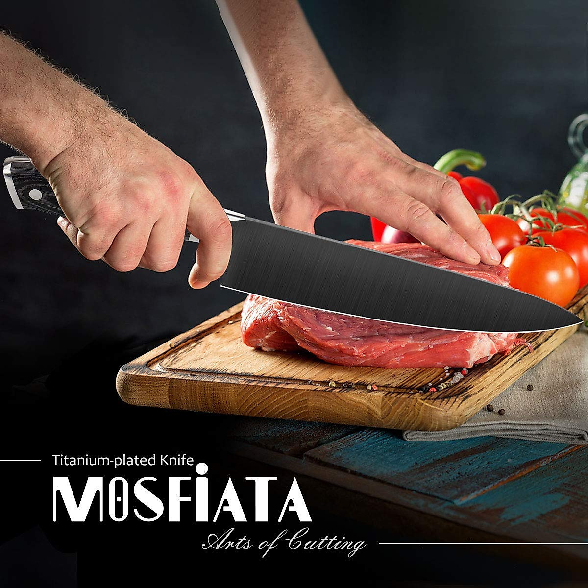 MOSFiATA 8 inch Chef's Knife & 8 inch Tatanium Plated Chef's Knife & 7 inch Santoku Knife