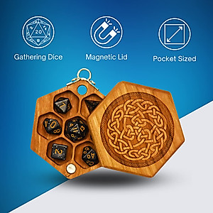 Elderwood Academy Pocket Sized Hex Dice Wood Chest with Magnetic Lid - Perfect for DnD, Magic the Gathering Dice Counters and Any Other Tabletop Games (Mini-Cherry/Celtic)