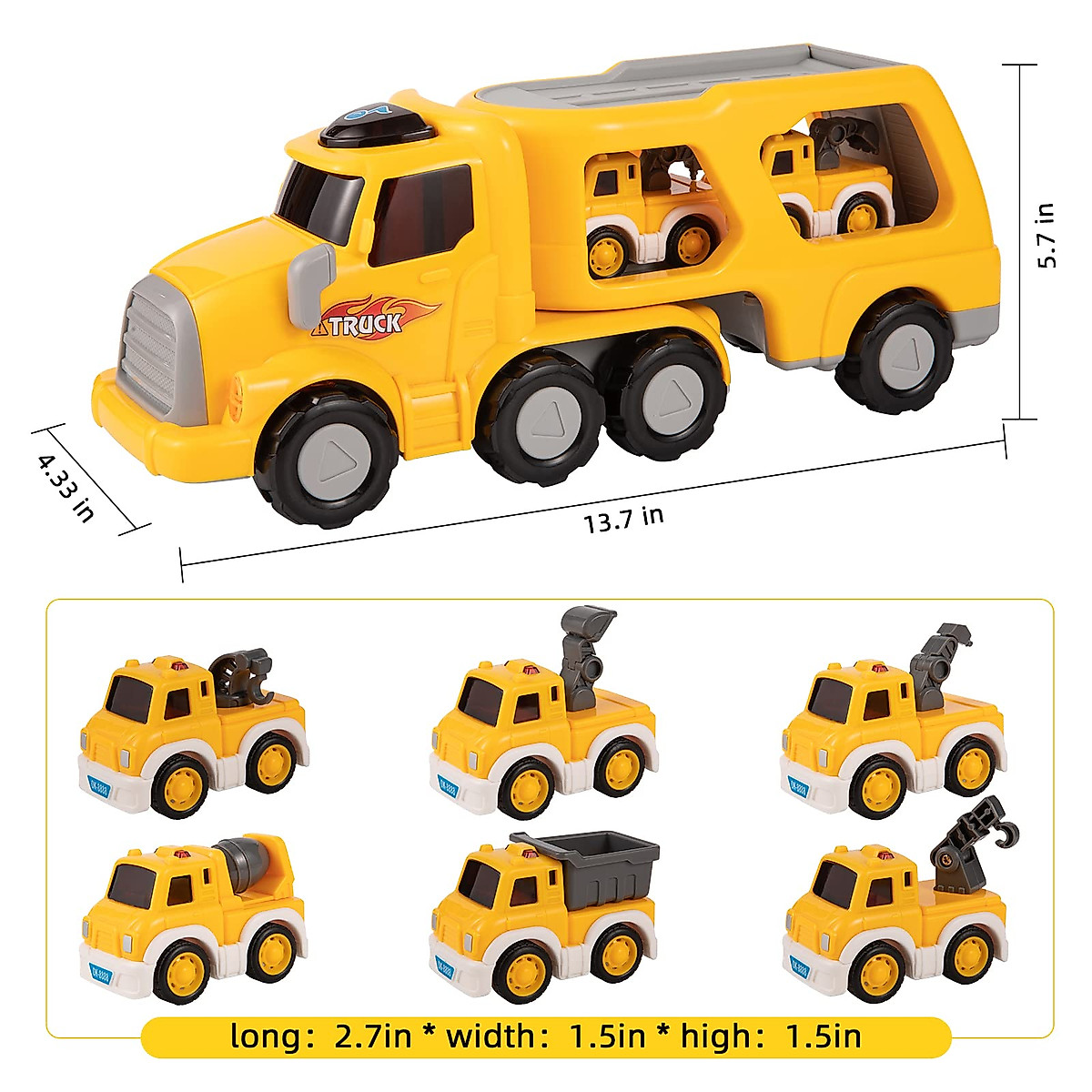 Construction Truck Toys for 3 4 5 6 7 Year Old Boys - 7 in 1 - Friction Power Vehicles Transport Carrier Toy Kids Toys Truck for Toddler Christmas Birthday Toddler Kids Boys Girls Baby Gifts.