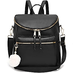 I IHAYNER Women Backpack Purse Fashion Leather Large Designer Travel Bag Ladies Shoulder Bags with Pompom Backpack for College Work, Black