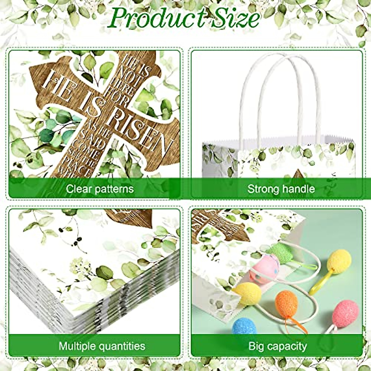 16 Pack Easter Gift Bags with Tissue Handles Easter Goodie Bag Easter Paper Tote Bag He Is Risen Cross Sign Easter Party Treat Bags for Egg Hunts Candy Treat Gifts Supplies