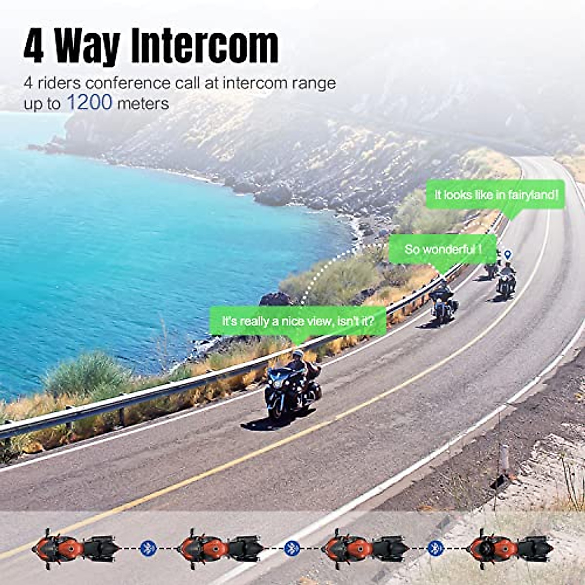 FODSPORTS Motorcycle Bluetooth Headset FX4 Pro 1200m Helmet Intercom,4 Riders Motorcycle Bluetooth Intercom,Universal Bluetooth Helmet Headset Communication System FM/Hard &Soft Mic/Waterproof/3Pack