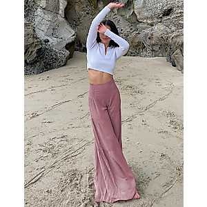 Xiaoxuemeng Women's Tiered Palazzo Pants Flowy Elastic High Waisted Wide Leg Beach Pants (Pink-XL)
