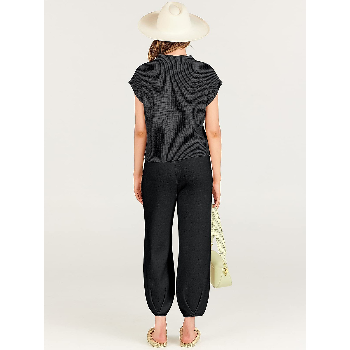 ANRABESS Women's Two Piece Outfits Knit Sweater Vest Crop Top Pants Lounge Matching Tracksuit Sweatsuit Travel Clothes Sets Black Medium