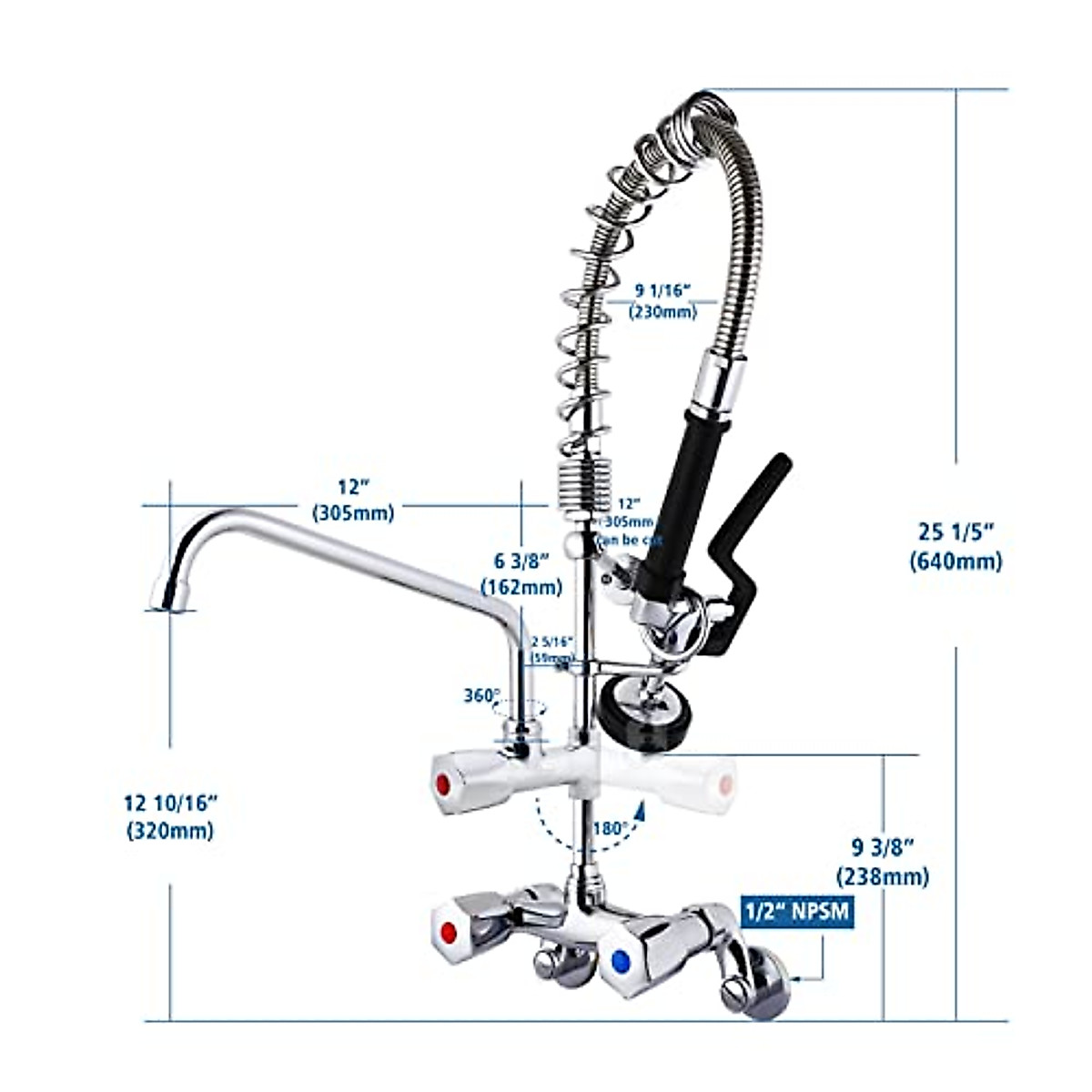 MS 4-8 Inch Adjustable Center Wall Mount 25'' Height Commercial Kitchen Sink Faucet Brass Mini Pre Rinse Unit with Spray Valve and 12 inch Add on Spout (6814P)