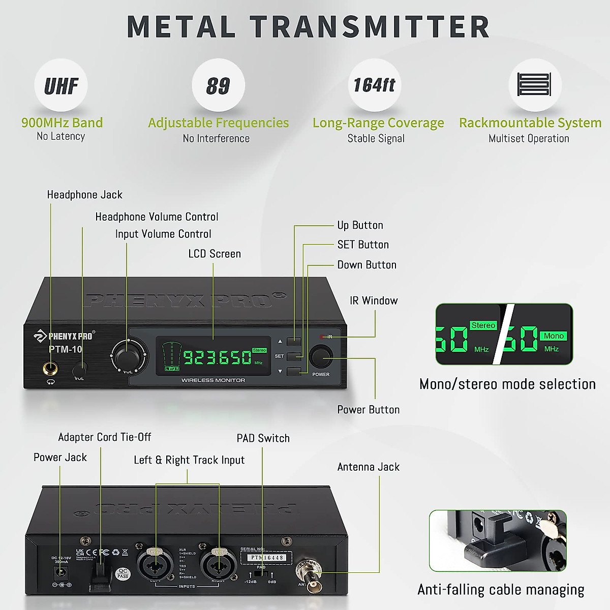 Phenyx Pro Wireless in-Ear Monitor System, Stereo IEM System with Rack Mount Kit, 89 Frequencies, 900MHz UHF Band, 164ft Range, Suitable for Stage & Studio (4 Bodypacks with Transmitter)