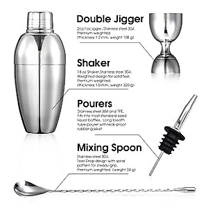 Premium Cocktail Shaker Set with Built in Strainer, Double Jigger, Mixing Spoon, Liquor Pourers, for Home, Bars, Parties, Professional Bar Tools