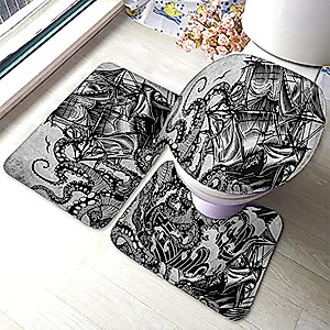 WONDERTIFY Nautical Bathroom Antiskid Pad Marine Kraken Octopus Tentacles Around Ship Monochromatic 3 Pieces Bathroom Rugs Set, Bath Mat+Contour+Toilet Lid Cover Charcoal Grey