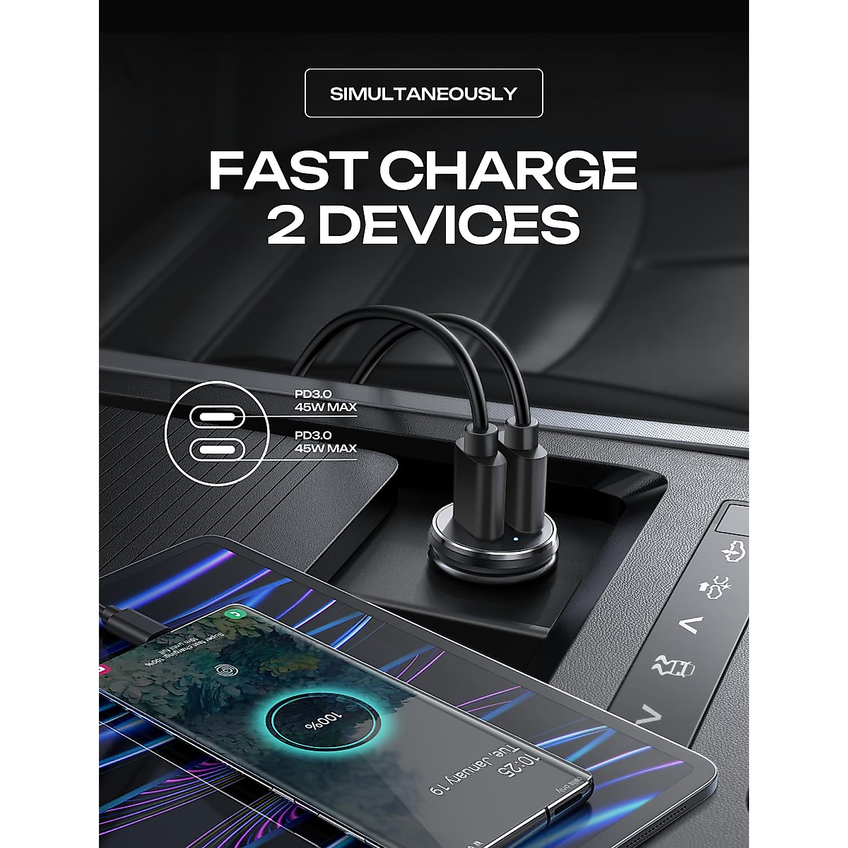 LISEN 90W USB C Car Charger [All Metal & Mini] Cigarette Lighter Adapter Fast Charging, Mini Dual PD 45W & PD 45W Super Fast Car Charger USB C for iPhone 15 Pro Max Glaxy S24 iPad Pro MacBook Air