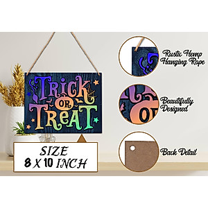 Trick Or Treat Wooden Hanging Sign - Halloween Witches Welcome Wall Decor - Pumpkin Wood Front Door Sign for Home Farmhouse Office Porch - Wood Plaque Halloween Gifts (8'' x 10") -05