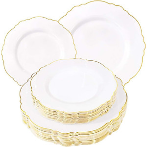 WDF 60pcs White and Gold Plastic Plates - Baroque White With Gold of 30 Heavy Duty Gold dinner plates 10.25inch, 30 Salad Plates 7.5inch
