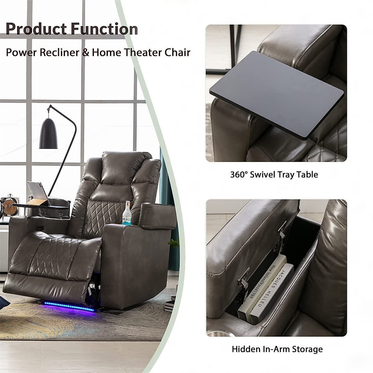 TRIPLE TREE Power Motion Recliner with Ambient Lighting, USB Charge Port, 360° Swivel Tray Table, Hand in-Arm Storage, 2 Convenient Cup Holders, Gaming Recliner Chair Home Theater Seating, Grey