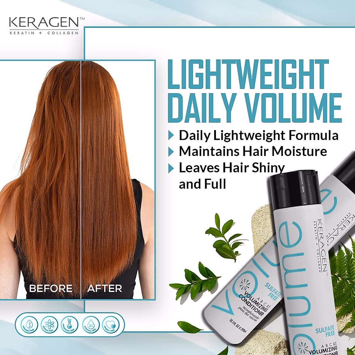 KERAGEN - Volumizing Conditioner for Fine Hair with Keratin and Collagen, Sulfate Free 10 Oz - Add Thickness, Hydrates and Enhances Hair Volume, with Panthenol, Vitamins, and Jojoba Oil