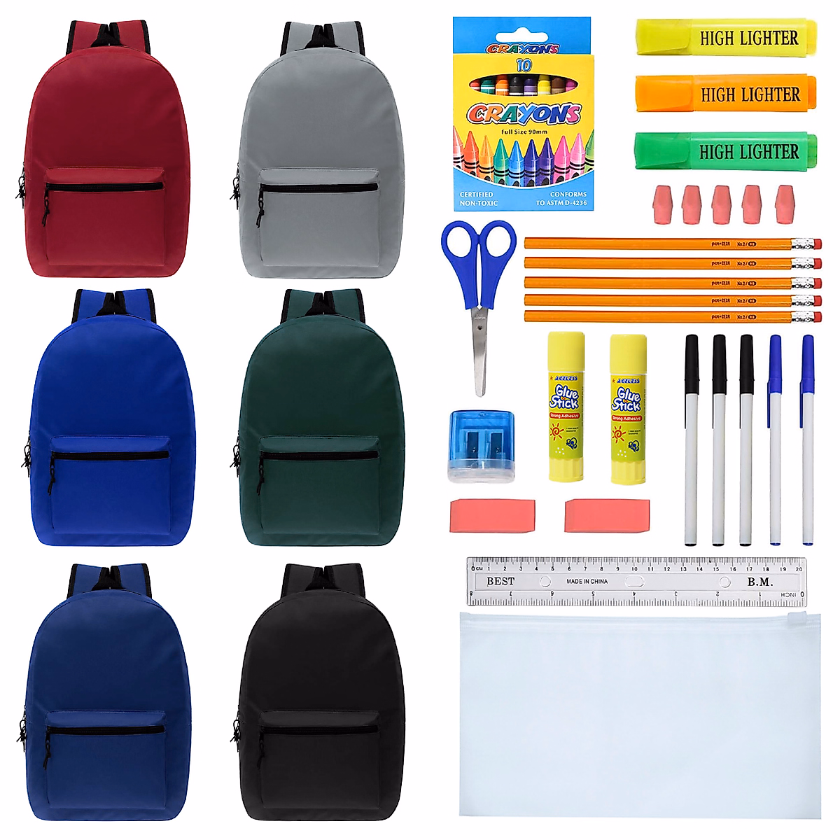 Moda West 15 Inch Bulk Backpacks with 36 Piece School Supply Kits - Case of 12 in 6 Assorted Colors