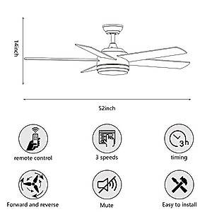 YUHAO 52 inch Black Ceiling Fan with Lights and Remote Control,Dimmable tri-Color temperatures LED,Quiet Reversible Motor,5 Blades Modern Ceiling Fans for Indoor.