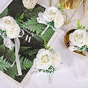Whaline 4Pcs Wedding White Rose Boutonniere and Wristlet Set Handmade Artificial Rose Wrist Strap Corsage Silk Satin Wristband Groom Bride Boutonniere Pin for Groomsmen Wedding Prom Suit Decorations