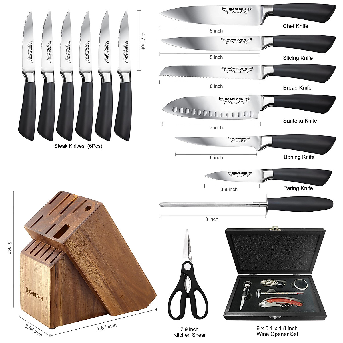 Kitchen Knife Set with Block,HOABLORN Acacia Wood Block Knife Set 15 Pcs with Extra Wine Set,Professional Knives Set for Chefs Family,Best Kitchen Gifts for Housewarming