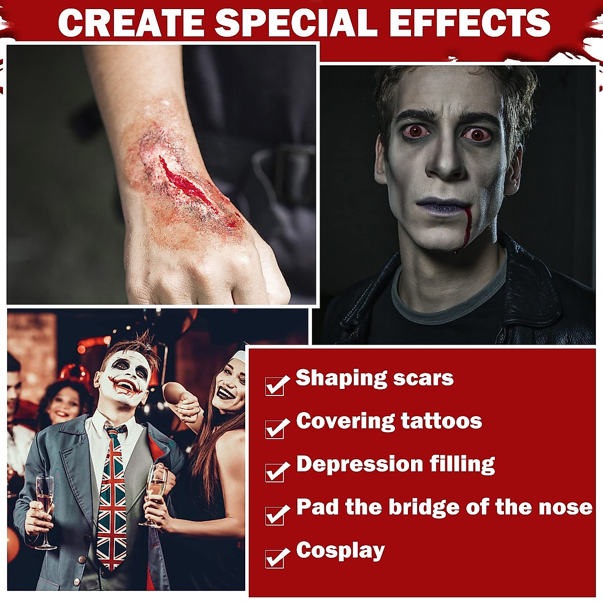 Halloween SFX Makeup Kit,Scars Wax,Fake Blood Gel,Fake Blood Spray,Spatula, Stipple Sponge,Scar Water,Create Fake Wound Special Effects Makeup Kit,Make Specail Effects For Halloween Festival & Party