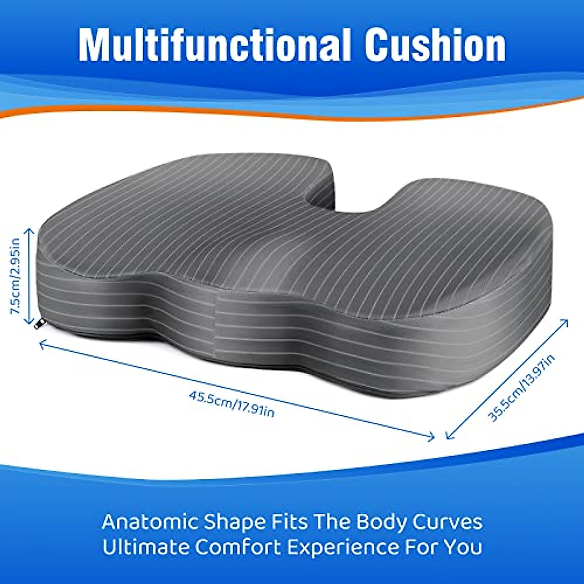 KoolCushy Seat Cushion, Striped Office Chair Cushion, Car Seat Cushion, Butt Pillow, Sciatica & Back Coccyx Tailbone Pain Relief, Memory Foam Non-Slip Chair Pad, for Computer Desk, Wheelchair, Gray