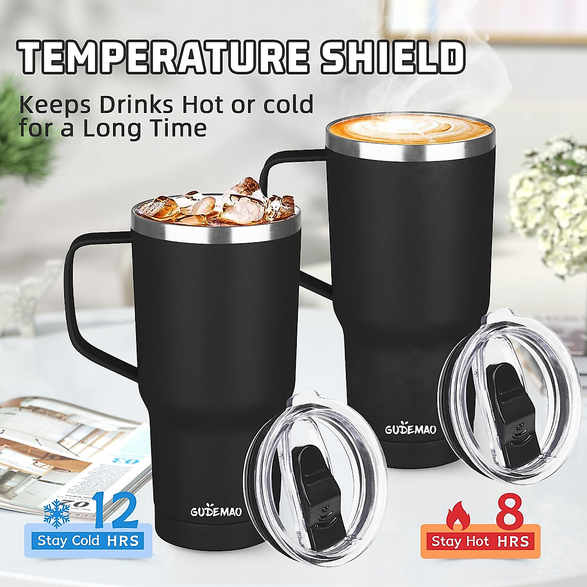 20 oz Insulated Coffee Mug with Ceramic Coating, Stainless Steel Travel Mug Tumbler with Handle Lid and Straw, Double Wall Leak-Proof Thermos Coffee Travel Mug Keeps Drink Hot and Cold (Black)