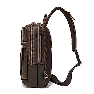 LANNSYNE Full Grain Leather Sling Bag For Men Crossbody Chest Daypack fits 12.9" iPad