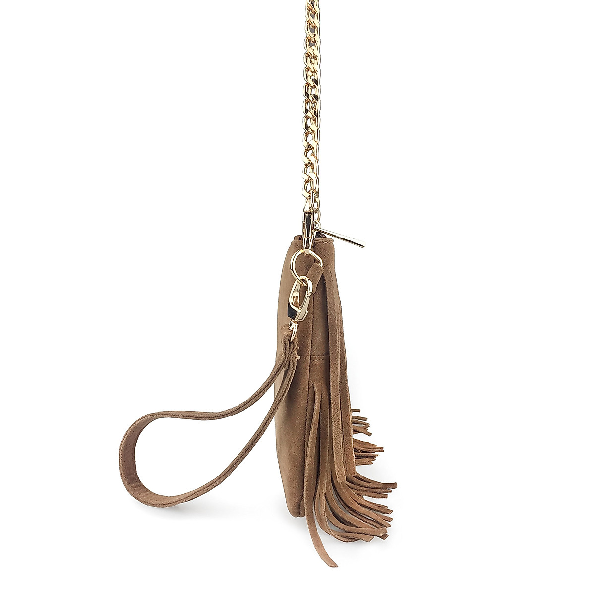 HOXIS Fringe Cross Body Bag Womens Small Shoulder Bag Top Zip Wristlet Brown