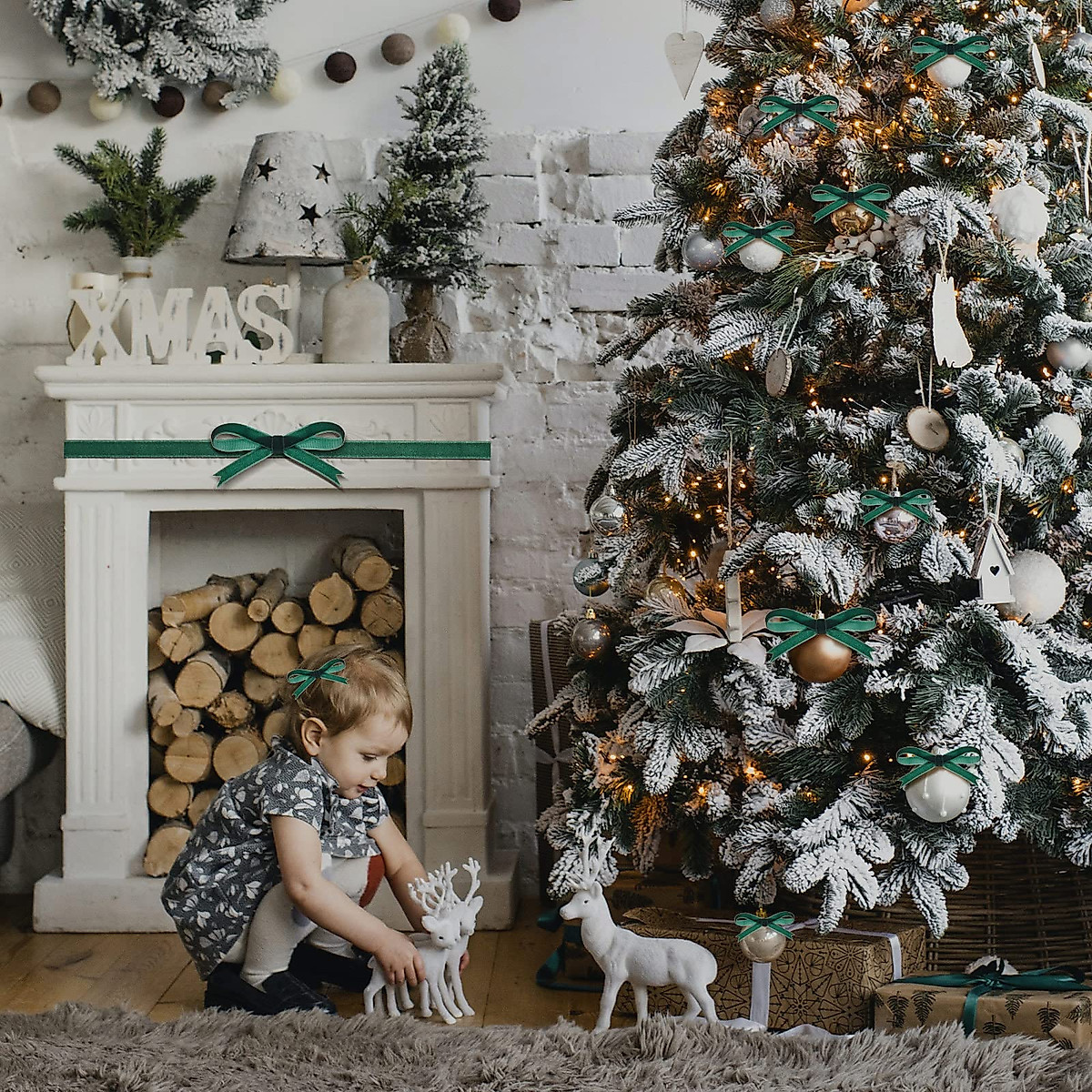 Syhood 100 Yards Christmas Ribbon Spool 3/8 Inch Rustic Crafts Gift Bows Ribbon Velvet Christmas Wreath Bow for Christmas(Green, 3/8 Inch x 100 Yard)