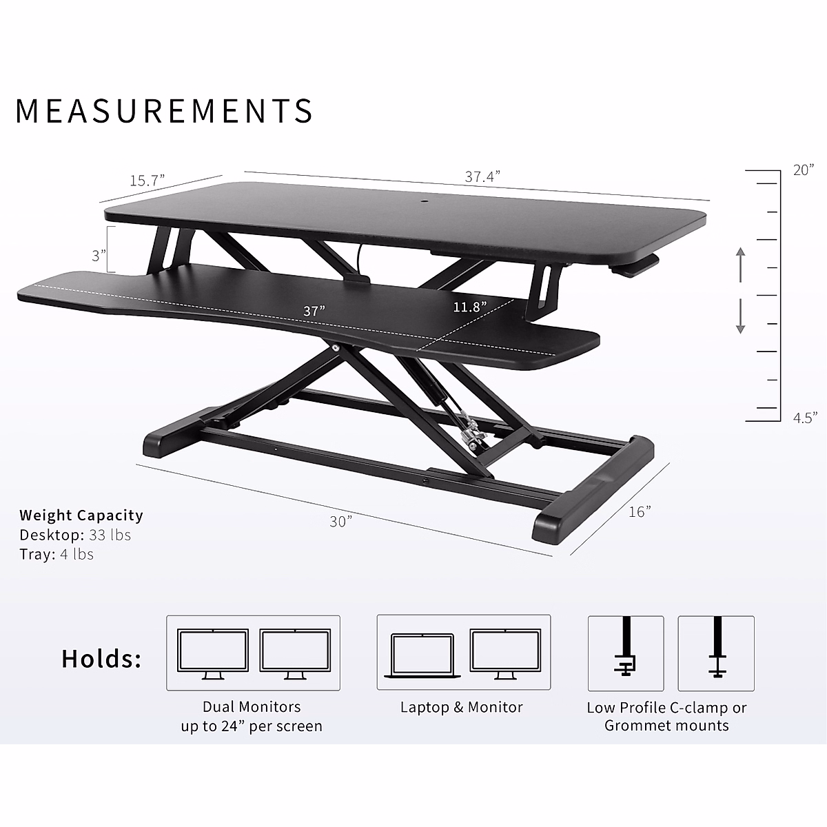VIVO 38 inch Desk Converter, Height Adjustable Riser, Sit to Stand Dual Monitor and Laptop Workstation with Wide Keyboard Tray, Black, DESK-V037KB, 38"