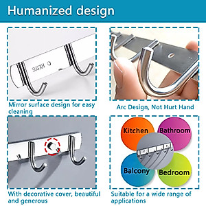 minidodoca Coat Rack Wall Mounted - 5 Hooks, 304 Stainless Steel, Metal Coat Hook Rail for Coat Hat Towel Purse Robes Mudroom Bathroom Kitchen Entryway (Silver, 2 Packs)