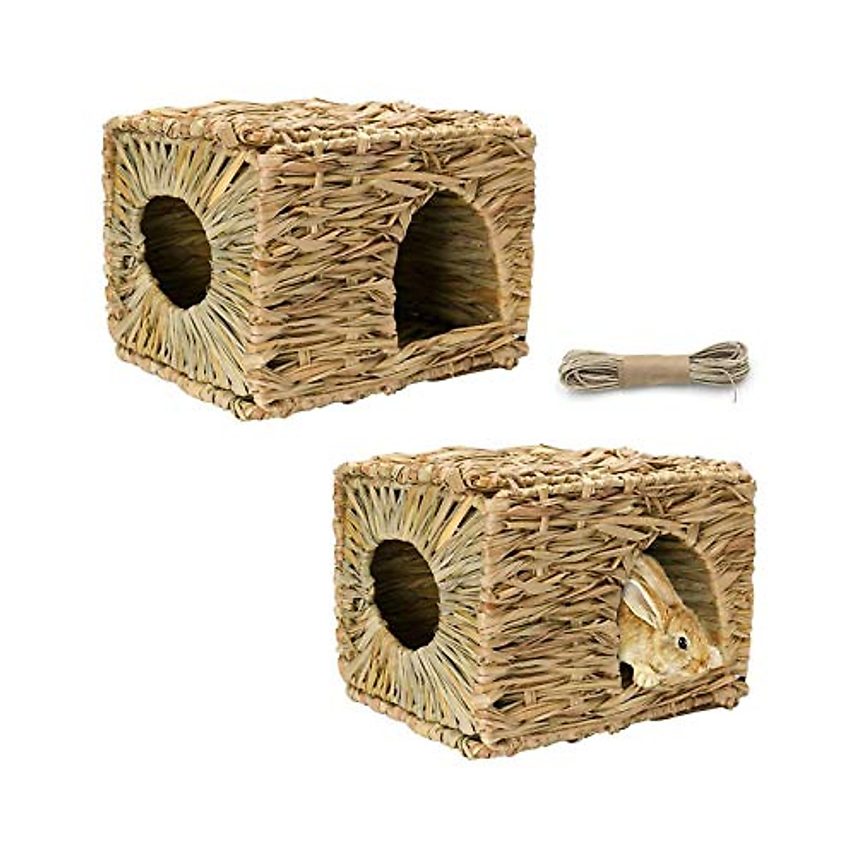 Tfwadmx 2 Pack Rabbit Grass House - Natural Hand Woven Seagrass Play Hay Bed, Collapsible Hideaway Hut Toy for Bunny Hamster Guinea Pig Chinchilla Ferret