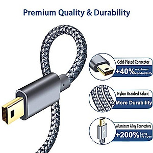 SIOCEN Mini USB Cable Braided 6ft, Type A Male to Mini-B Cable Charging Cord for Garmin Nuvi,PS3 Controller Charger,Mini USB 2.0 Power Data Wire for GoPro Hero 3 4,Canon Camera,Dash Cam,MP3 Player