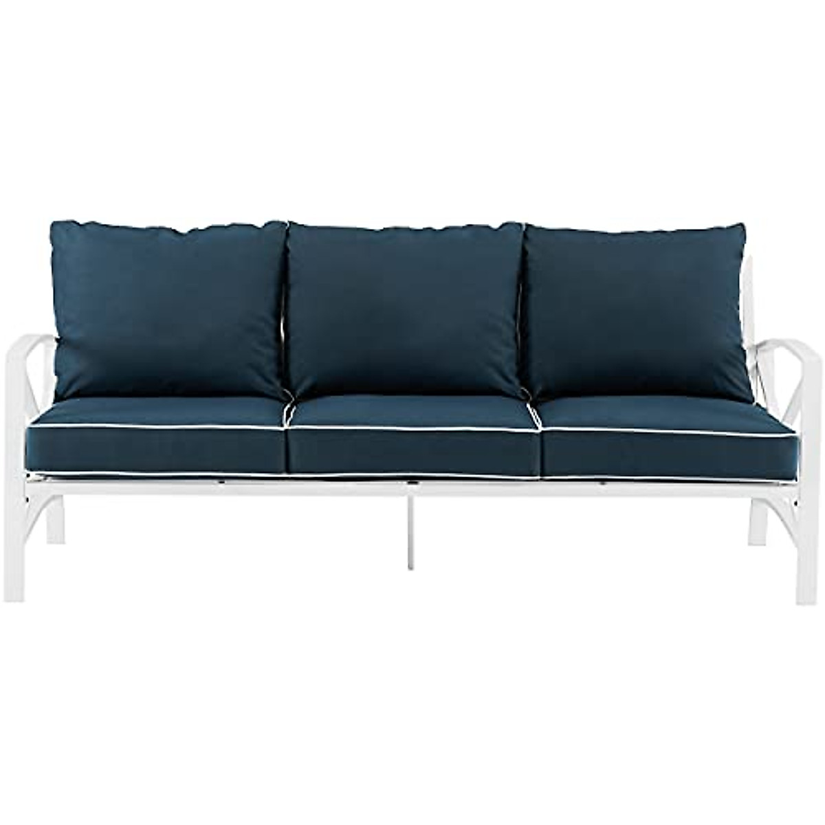 Crosley Furniture Kaplan Outdoor Sofa with Steel Frame, 3-Person Patio Couch for Porch, Deck, Backyard, White with Navy Cushions