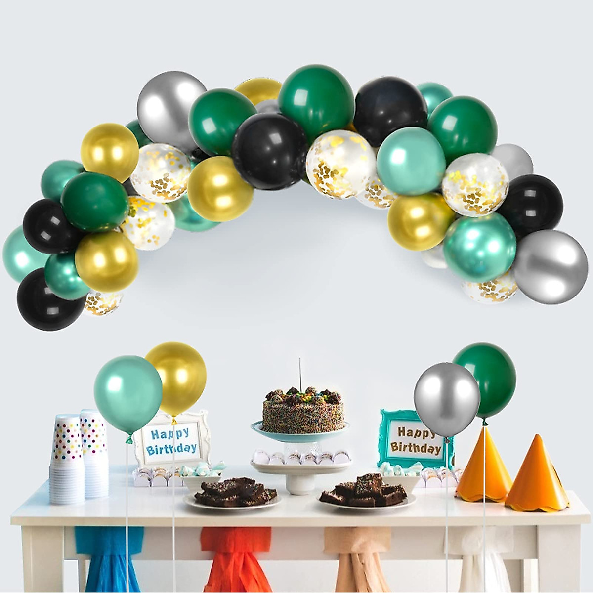60Pcs Green Party Balloons,GAGAKU 12 Inches Chrome Metallic Dark Green Black Silver Gold Helium Balloon Garland Arch Kit with Latex Green Confetti Balloons for Wedding Baby Shower Birthday