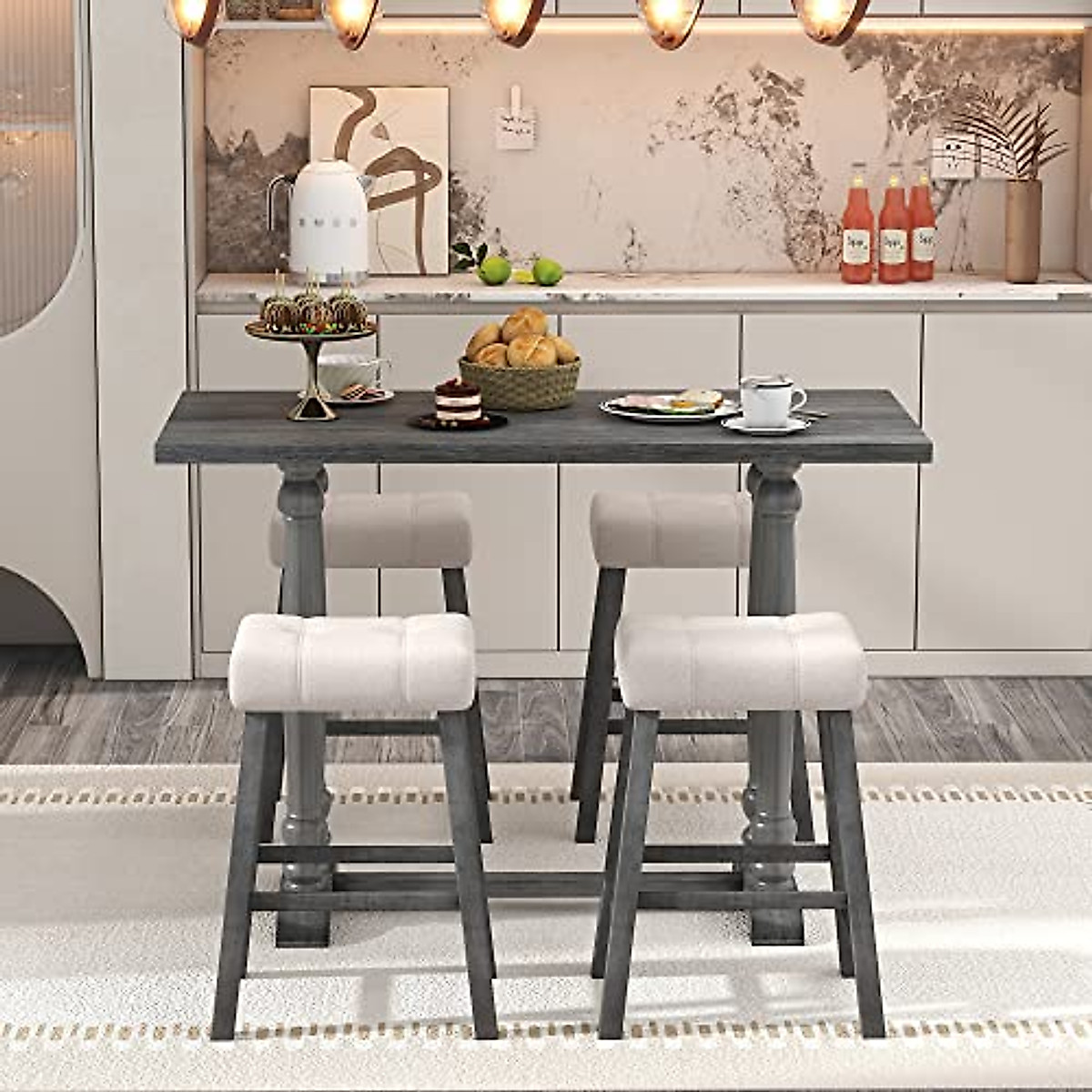 Hlcodca Modern 5-Piece Dining Table Set, Counter Height Dining Furniture with a Rustic Table and 4 Upholstered Stools for Kitchen, Dining Room (Gray@Y)