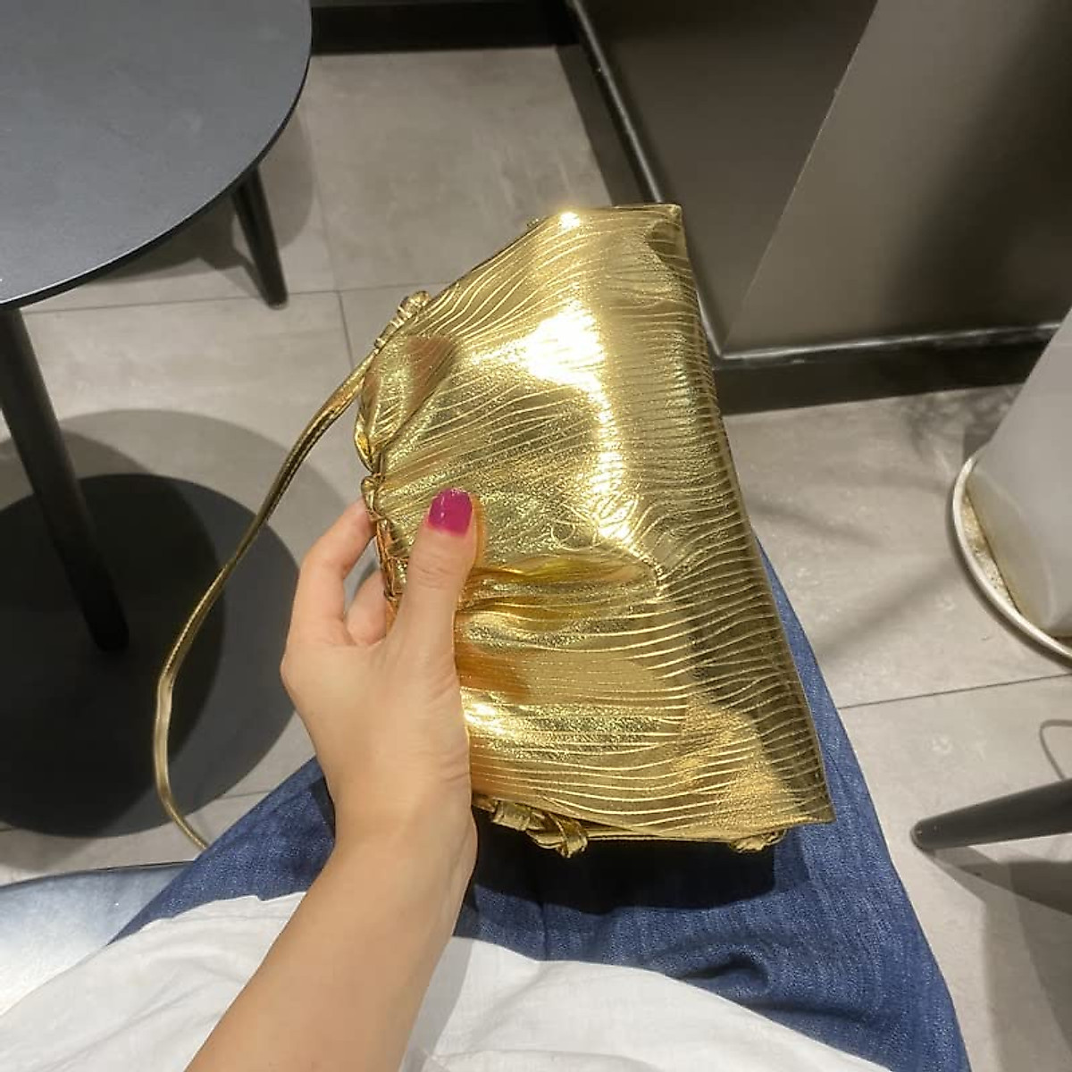 AZWBAG Small Women Dumpling Crossbody Bag Cloud Evening Bag Sparkly Clutch Purses Shoulder Bag Drawstring Strap Crossbody Bag (gold)