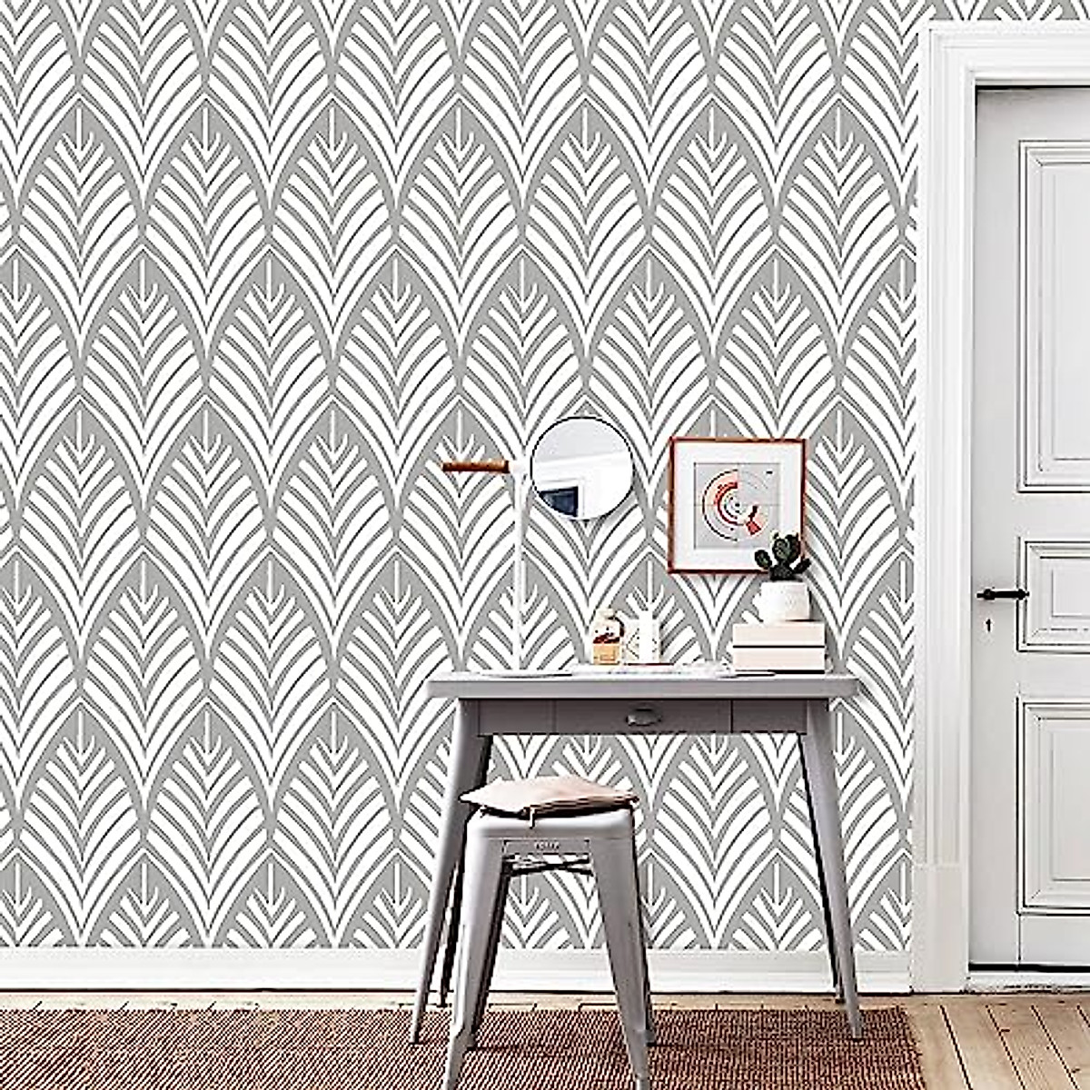 Yun-aeon Modern Silver Leaf Peel and Stick Wallpaper Contact Paper 17.7“ X 120“ Geometric Silver Boho Print Wallpaper Peel and Stick Self Adhesive Wallpaper Removable Wallpaper