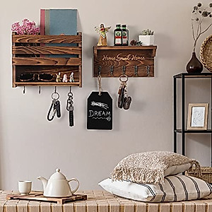 Innovation Key and Mail Holder for Wall, 2 in 1 Key Mail Holder for Wall, Wall Mail Holder with Shelf, Mail Holder with 9 Key Hooks, Pine Wood Vintage Brown