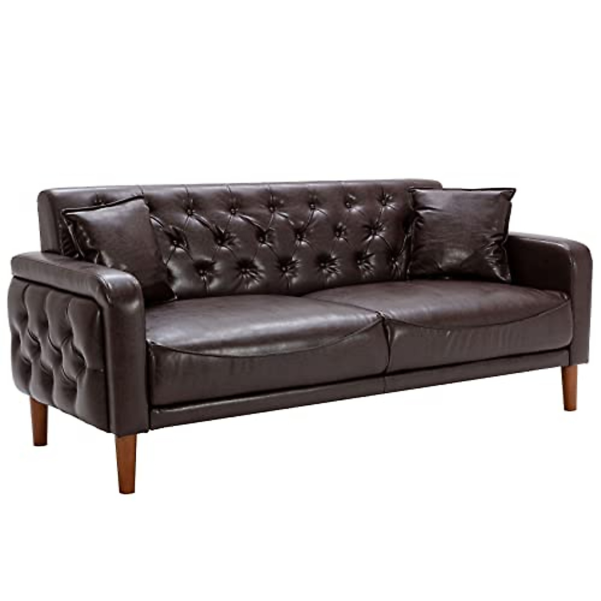 Aoowow Faux Leather Sofas and Couches 78 Inches Long, Mid Century Modern Couch Tufted Back Sofa with 2 Throw Pillows, Armrest and Wooden Legs for Living Room, Apartment, Bedroom (Brown)