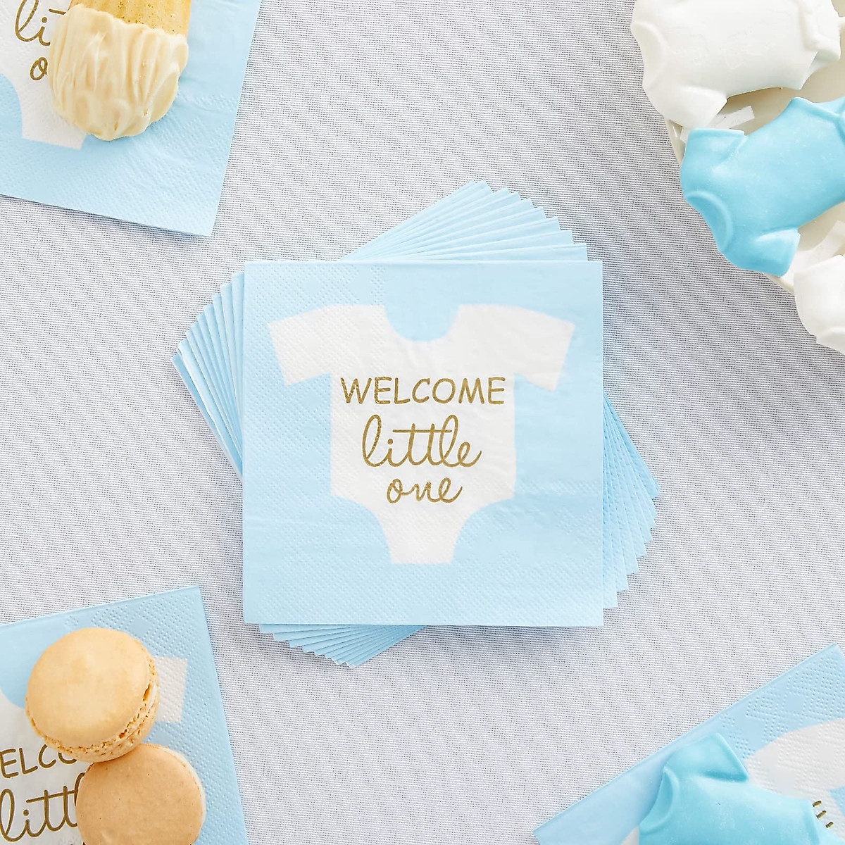 BLUE PANDA 100-Pack “Welcome Little One” Baby Shower Napkins for Boys - Gold Foil Gender Reveal Decorations - Light Blue (5x5 In) - Welcome Little One Napkins - Baby Boy Napkins