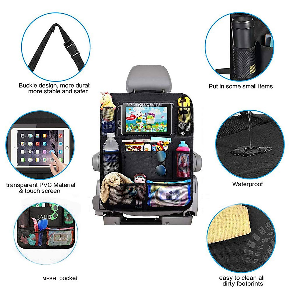 Car Backseat Organizer Kick Mat, Car Seat Back Protectors with Touch Screen Tablet Holder + 9 Storage Pockets Back seat Organizer for Kids