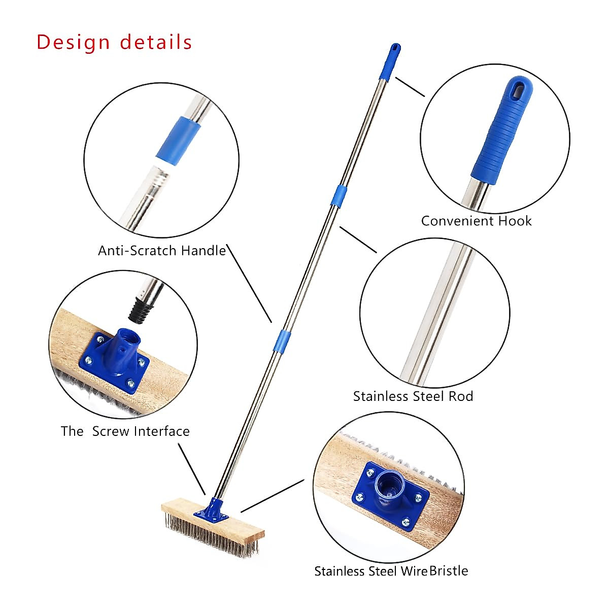 MEIBEI Deck Brush, Stainless Steel Wire with Long Handle 57", Perfect for Algae, Tough Stains on Concrete, Walkways, Patio and Swimming Pool