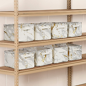6 Pcs Storage Basket Foldable Cube Fabric Bins Square Mini Box Receive Organizer Rectangle Canvas with Handles for Nursery Home Office Kids Toys Books Small 11x8x6.3 inch Marble White