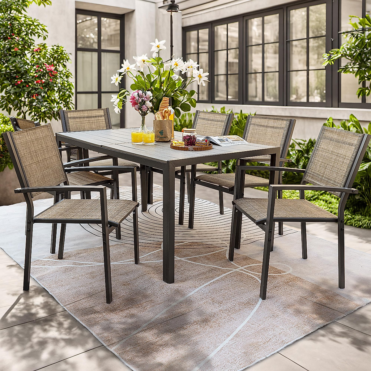 JUMMICO Outdoor Dining Set 7 Piece Patio Furniture Set with Weather Resistant Table and 6 Textilene Chairs for Yard, Deck and Poolside (Brown)