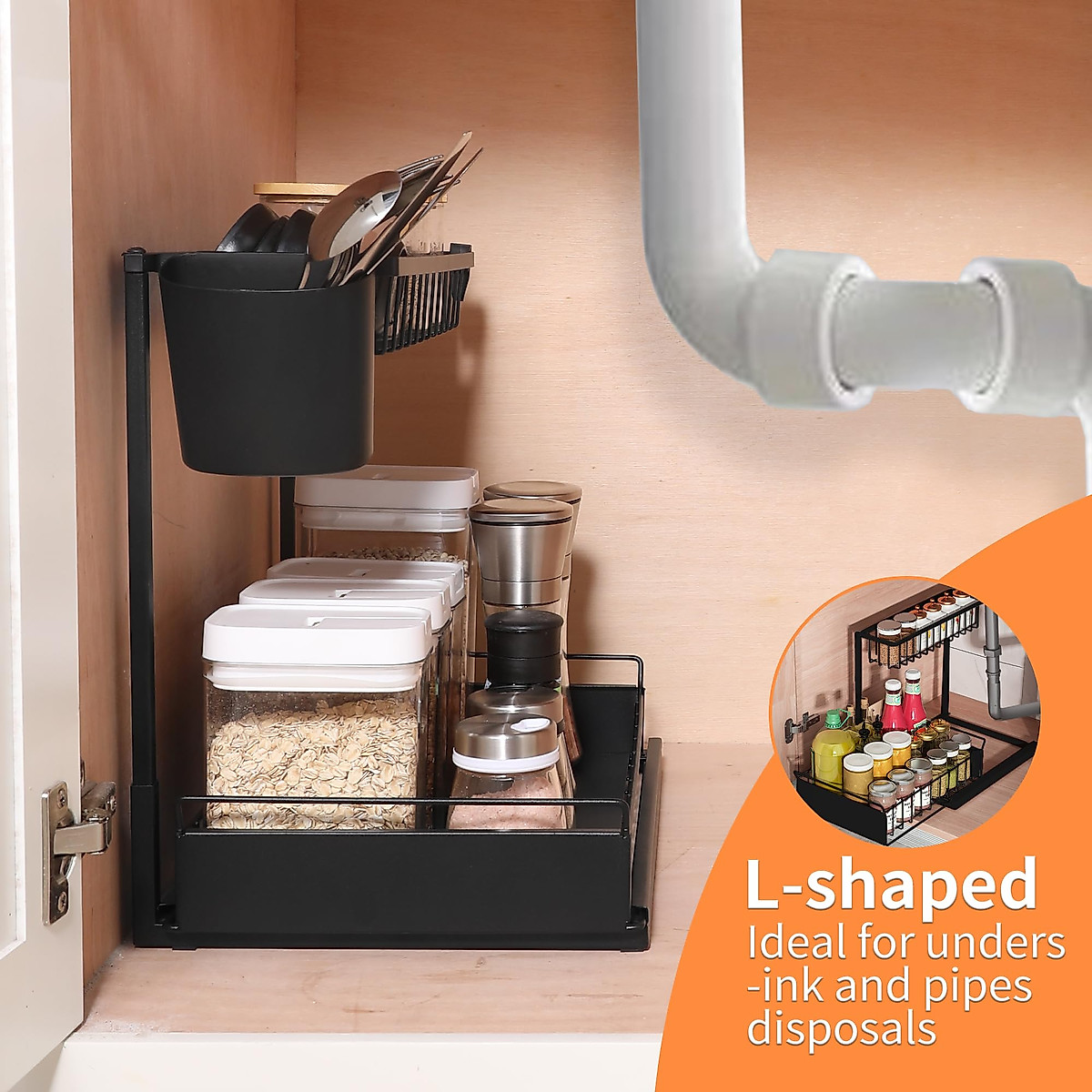 Lonffery Under Sink Organizers and Storage, Under Sink Shelves with Pull out Sliding Drawers, 2 Tier Cabinet Organizer with 4 Hooks and Hanging Cup for Bathroom and Kitchen, Black