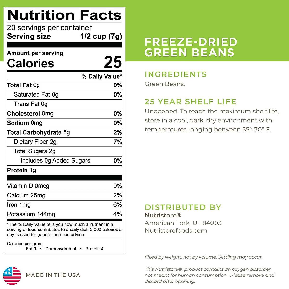 Nutristore Freeze Dried Green Beans | Vegetables for Healthy Snack or Long Term Storage | Emergency Survival Canned Food Supply | Bulk #10 Can Veggies | 25 Year Shelf Life | 20 Servings