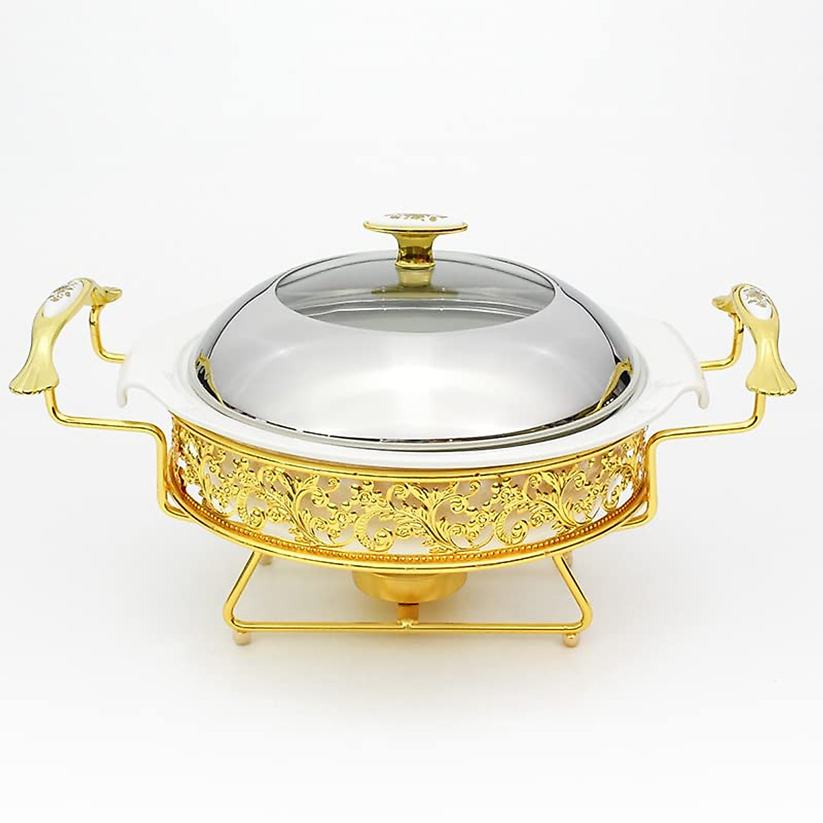 13inch Buffet Food Tray Stainless Steel Chafing Buffet Dish Round Chafer Full Size Food Warmer Heating Pan Large Capacity Serving Tray with Lid for Home Restaurant Canteen Warm Buffet Server,Gold