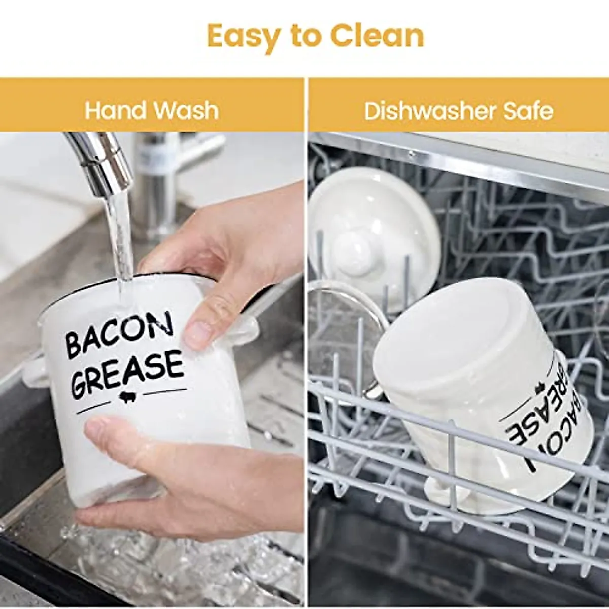 Ceramic Bacon Grease Container with Strainer - 600ml / 20oz Farmhouse Bacon Grease Keeper with Easy-Grip Handle, Bacon Fat Can for Grease Drippings and Storage - Creamy-white
