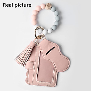 KESOCORAY Women Wristlet Bracelet Keychain Wallet,Silicone Wooden Beaded Bangle Key Ring Tassel Key Chain with Lipstick Holder for Girls(Pink)