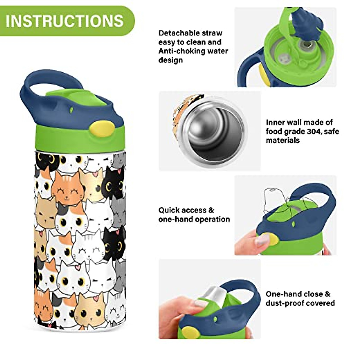 MCHIVER Cute Cat Kitten Cartoon Kids Water Bottle with Straw Insulated Stainless Steel Kids Water Bottle Thermos for School Girls Boys Reusable Tumbler 12 oz / 350 ml Green Top